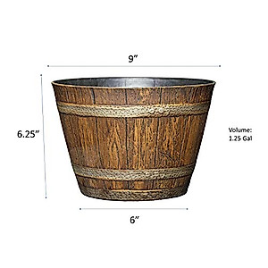 Classic Home and Garden Whiskey Resin Flower Pot Barrel Planter, Oak Brown, 9"
