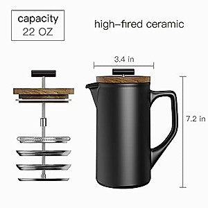 DHPO Ceramic French Press Coffee Maker, 22 Ounce French Press Coffee with Walnut Wood Lid, Premium Triple Filters Food Grade Stainless Steel for Good Coffee and Tea, Black