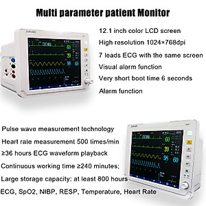 12.1-inch Display PET Vet Patient Monitor Multiparameter ICU Machine with ETCO2, Veterinary ECG, SPO2.HR, NIBP, RESP, Temp for Cat, Dog, Mouse, Animals Use