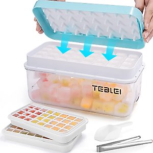 TEBLEI Ice Cube Tray with Lid and Bin, 64 Pcs Mini Ice Cube Trays with Scoop and Tongs, Ice Maker for Small Freezer, Kitchen Gadgets and Apartment Essentials, Easy-Release & Stackable