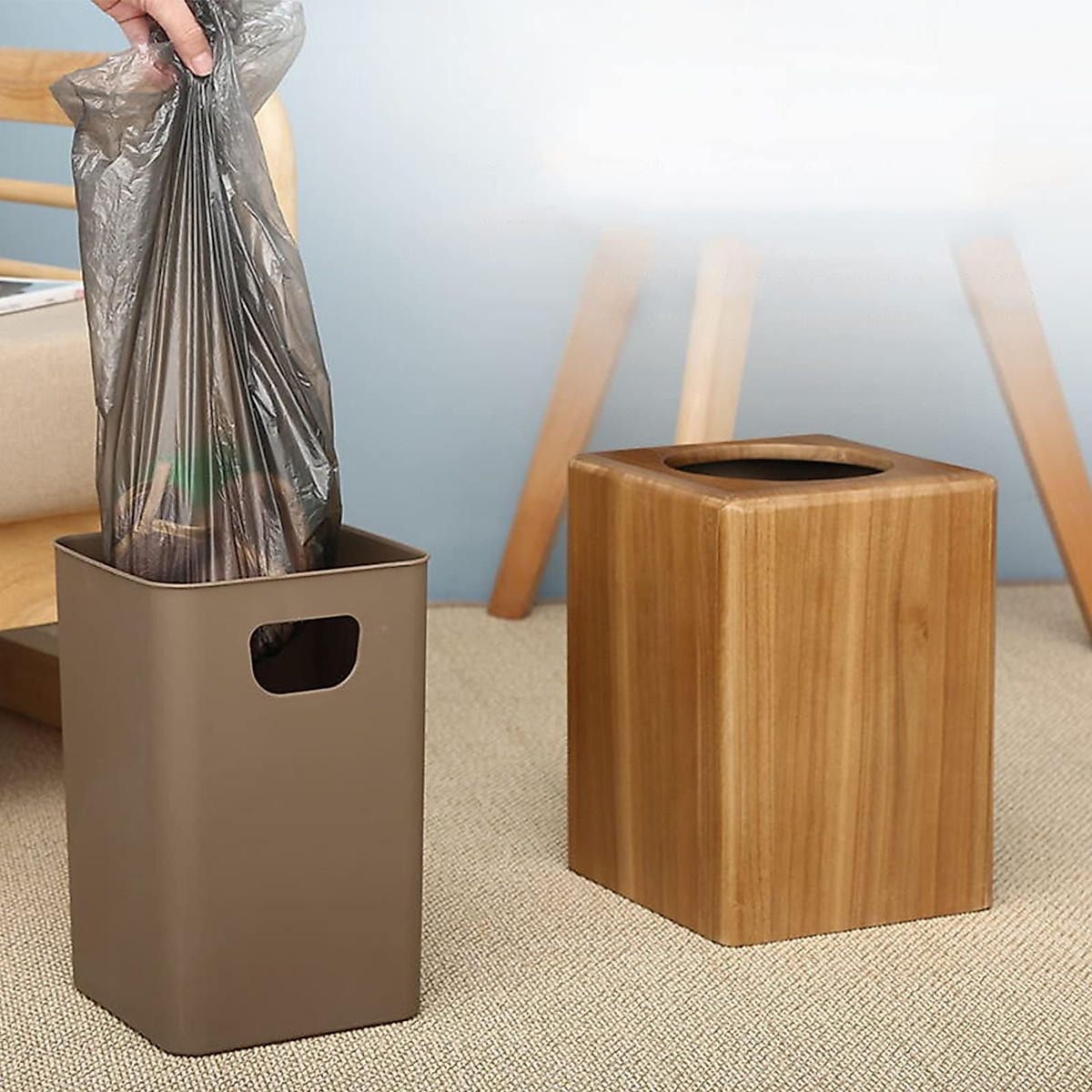 DRSFF 8L Trash Can Teak Garbage Bin Kitchen Rubbish Container Wooden Square Waste Basket with Plastic Inner Cylinder for Living Room Office Bathroom Bedroom Storage Bucket