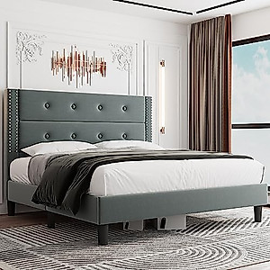 Feonase King Size Bed Frame, Modern Velvet Upholstered Platform Bed Frame with Button Tufting Headboard, Solid Wood Slats Support, No Box Spring Needed, Easy Assembly, Grey