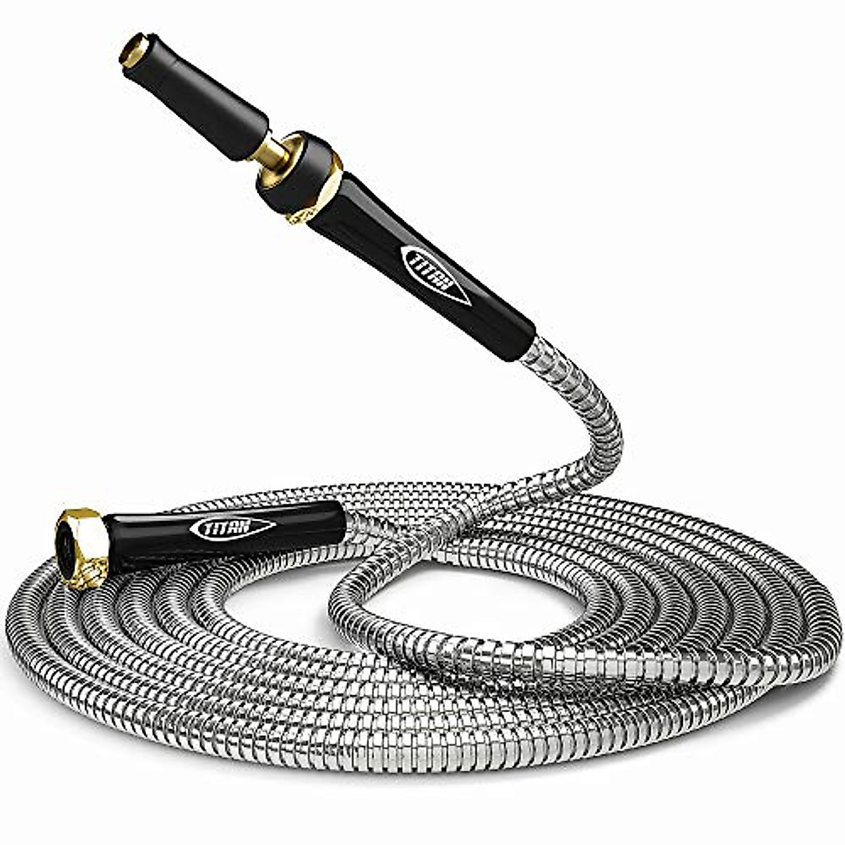 TITAN 25FT Metal Garden Hose - Flexible Water Hose with Solid 3/4" Brass Connectors 360 Degree Brass Jet Sprayer Nozzle - Lightweight Kink Free Strong and Durable Heavy Duty 304 Stainless Steel