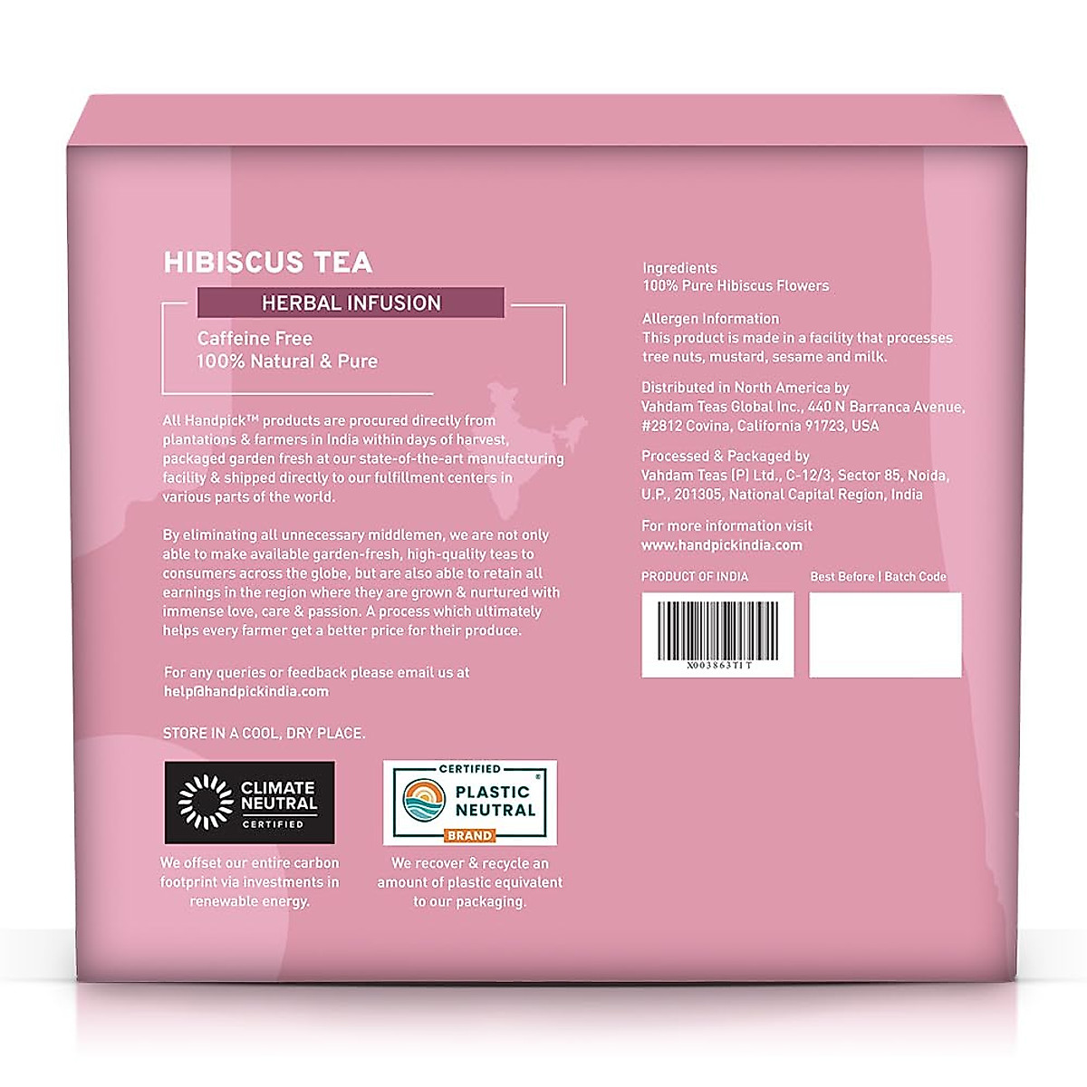 HANDPICK, Hibiscus Tea Bags - 100 Count | Caffeine-Free, Pure Ingredients - Hibiscus Flowers | Brew Hot, Iced Tea or Kombucha Tea | Round Nutritious Herbal Tea Bags