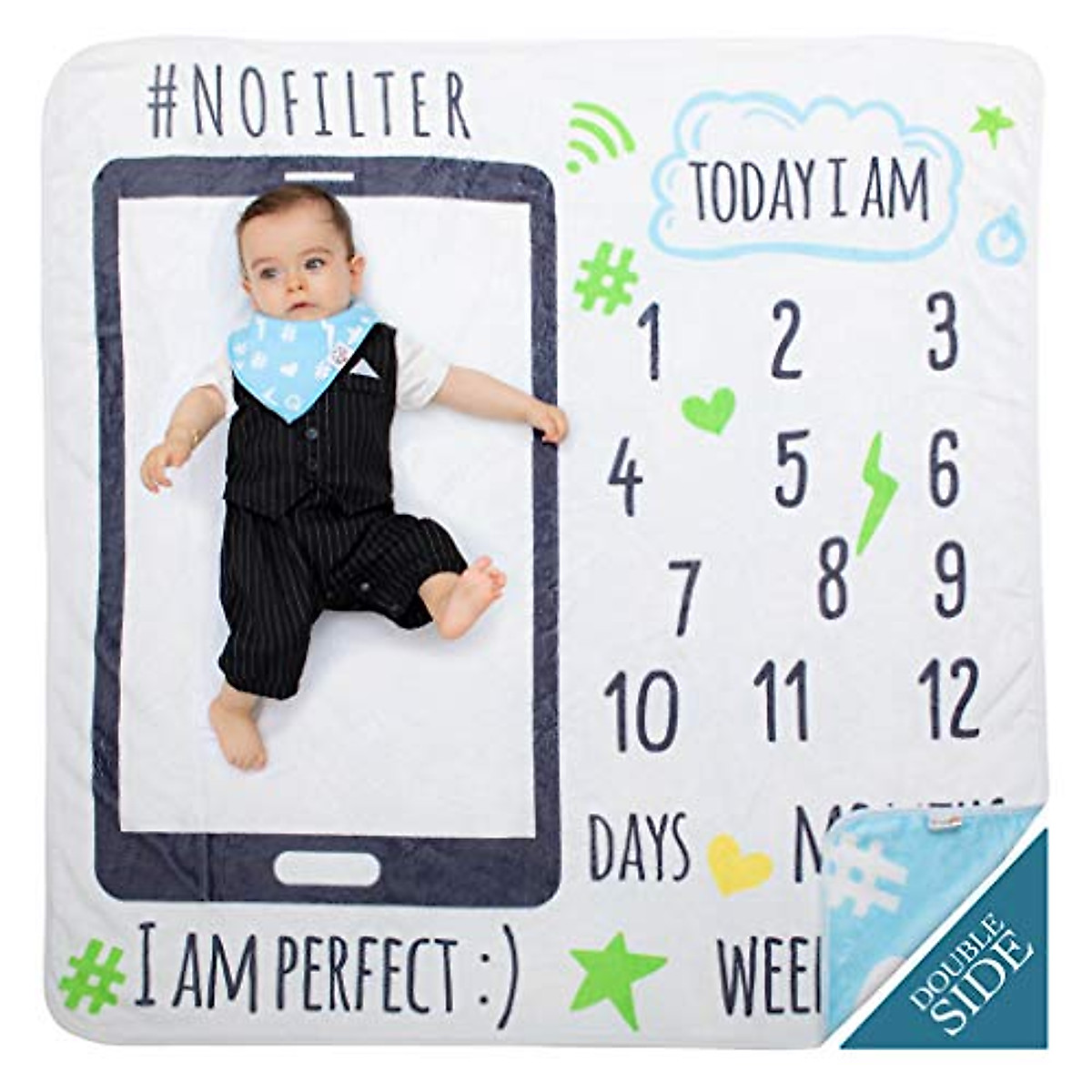 MeBlanky Baby Milestone Blanket-3X Fluffier Newborn Monthly Milestone Blanket-2in1-Swaddle ?n? Photo - 47?x47? Super Soft Fleece First Year Baby Blanket-Blue Photo Blanket for Baby Boys or Girls