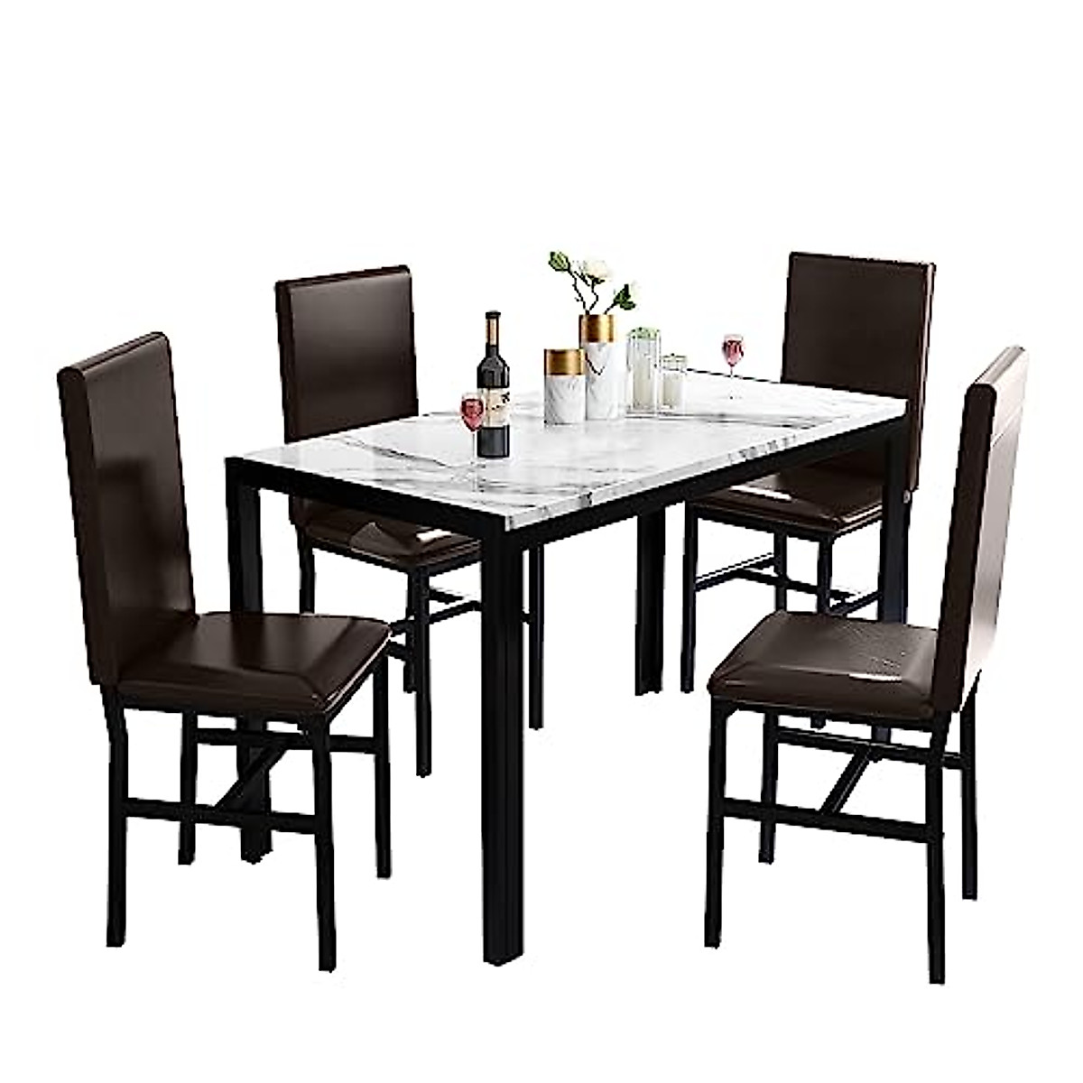 DKLGG Marble Dining Table Set for 4, 5-Piece Faux Marble Kitchen Table and Chairs for 4, Space Saving Dining Room Table Set w/4 Upholstered PU Leather Chairs, Ideal for Dining Room, Kitchen, Corner