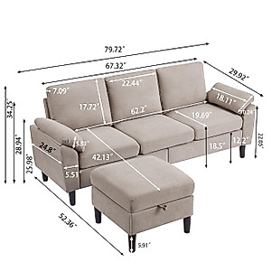 Tornama Convertible Sectional Sofa, Modern Polyester Small L Shaped Couch with Reversible Storage Chaise, 3 Seat Sofa Couches for Living Room, Apartment and Small Space, Beige