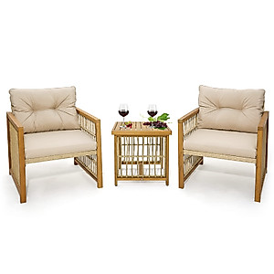 Tangkula 3 Pieces Acacia Wood Patio Furniture Set, PE Wicker Bistro Set with Cushioned Chairs and Coffee Table, Outdoor Conversation Set for Porch, Deck, Balcony, Backyard (Beige)