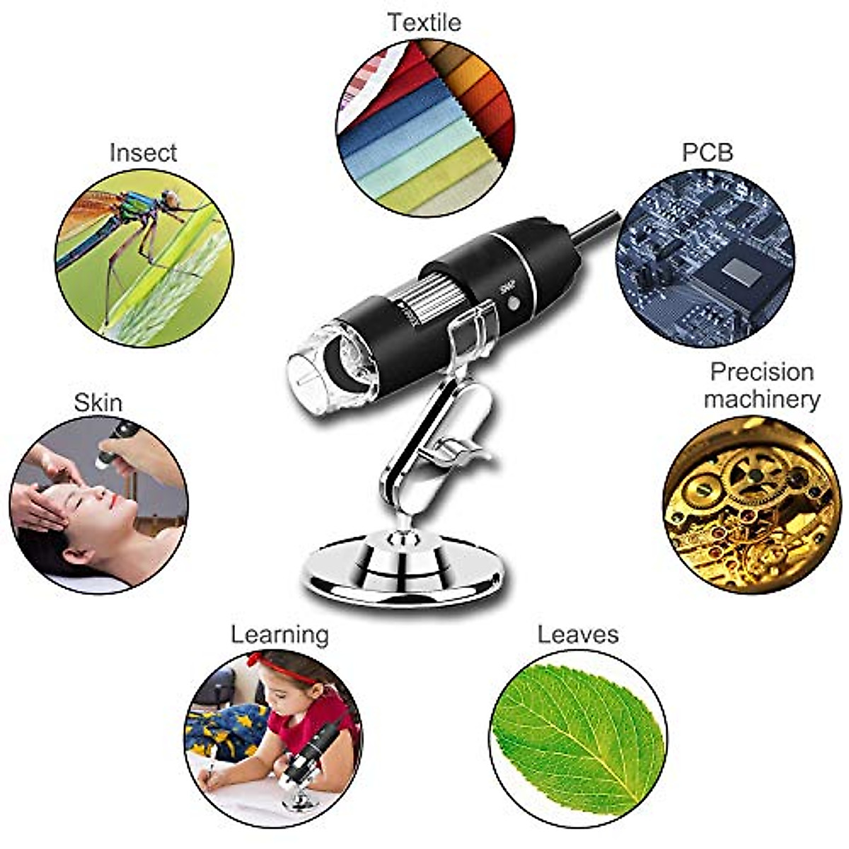 USB Microscope,1000x Magnification Endoscope, 8 LED USB 2.0 Digital Microscope, Mini Camera with OTG Adapter and Metal Stand, Compatible with Mac Window 7 8 10 Android Linux (Black)