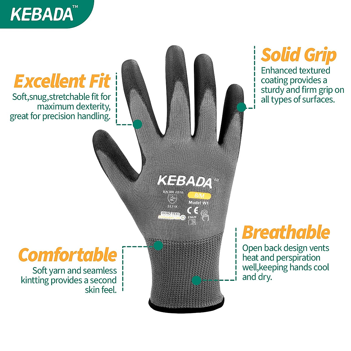 Kebada W1 Work Gloves for Men and Women with Grip,12 Pairs Bulk Pack Mechanic Gloves,PU Coating on Palm & Fingers,Breathable Mens Gardening Touchscreen,Lightweight,Gray Large