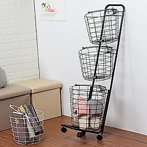 Farios 3 Tier Rolling Laundry Hamper with 3 Removable Wire Basket, Metal Sorter Storage Trolley Shelf Basket with Wheel, Tall Clothes Laundry Basket bin with Wheels-Black