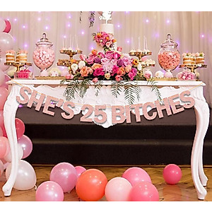 Ushinemi She's 25 Bitches Banner 25th Birthday Decorations for Women, Funny Glitter Rose Gold Birthday Banner 18 Birthday Party Supplies