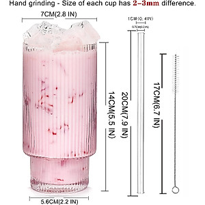 Ribbed Glassware Set of 4, 14oz Ribbed Glass Cups with Glass Straw, Ribbed Juice Glass Fluted Glassware Ribbed Drinking Glasses for Margaritas Whiskey Smoothie Ice Tea Coffee Soda Cocktail Beer Gift