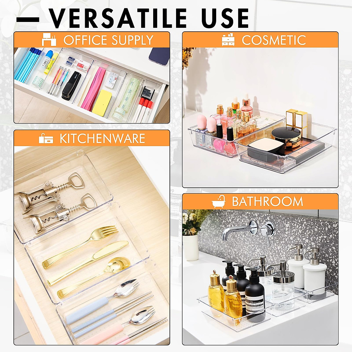 HOUSE DAY Desk Drawer Organizer Bins 6 PCS, 9*6*2" Clear Drawer Organizers with Silicone Pads, Vanity Organizers and Storage, Non Slip Plastic Drawer Organizer for Makeup, Bathroom, Kitchen, Office