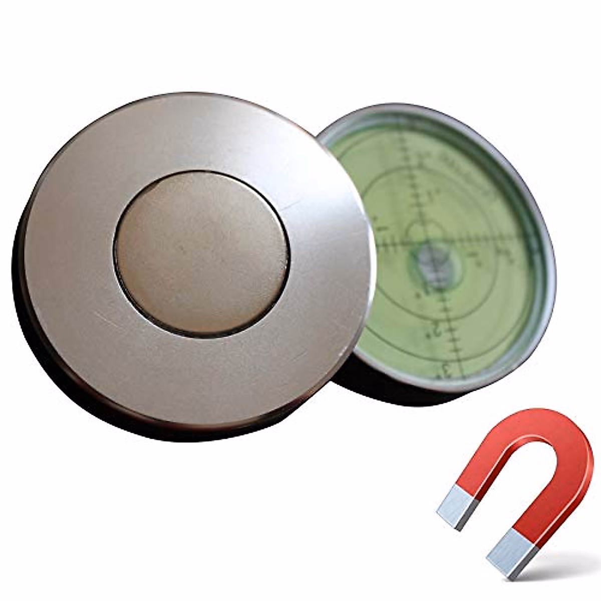 Magnetic Metal Large Spirit Bubble Level 60mm Diameter, 2 23/64, Degrees, Circular, Surface Level - Metal Housing, Bulls Eye Bullseye Vial Round, Green/Silver