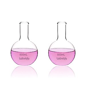 Labvida 2pcs of Glass Boiling Flasks of Flat Bottom, Vol.500ml, Borosilicate 3.3 Glass, LVD002