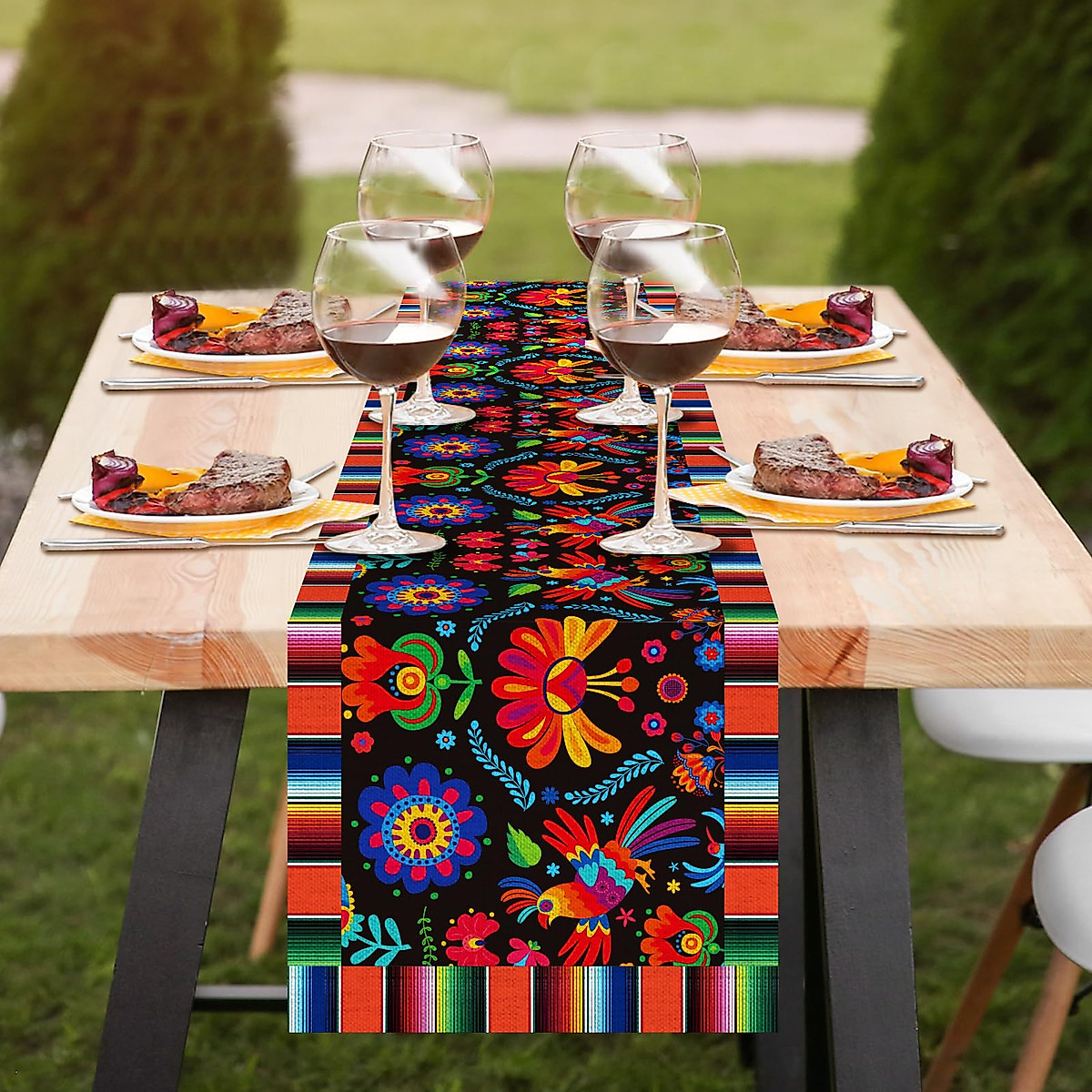 Linen Mexican Fiesta Table Runner Decoration 72×13inch Long Cinco De Mayo Dia De Los Muertos Runners Farmhouse Rustic Runner Day of The Dead Decor and Supplies for Kitchen Dining Home Table Decoration