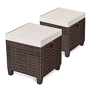 mayjooy 2-Piece Rattan Patio Ottoman, All Weather Wicker Ottoman w/Removable Cushion & Steel Frame, Outdoor Footstool Footrest Furniture (Brown) , 16”x16”x18