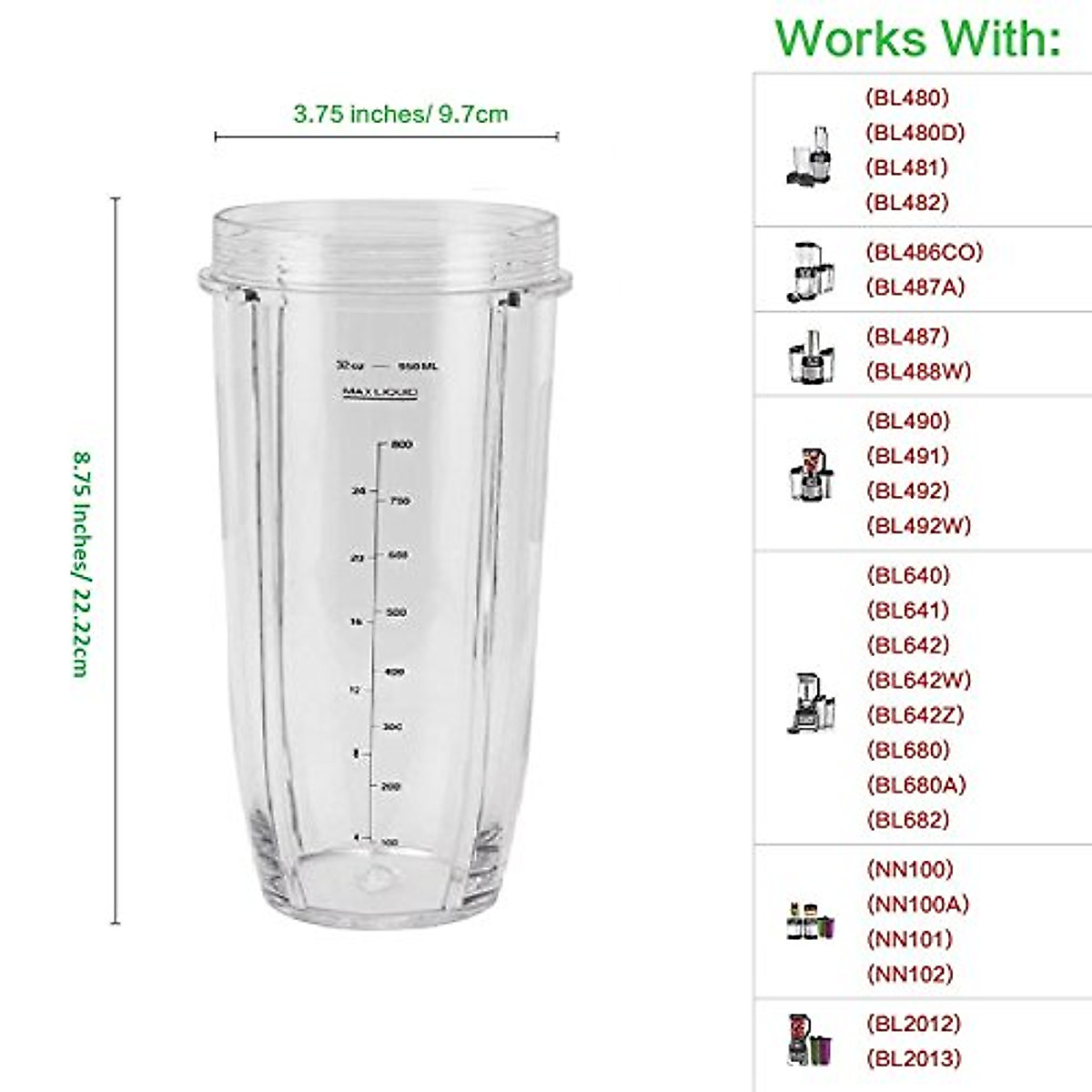 Blendin Replacement Cup Jar, Compatible with Nutri Ninja Auto-iQ 1000W and Duo Blenders (32 Ounce Cup)