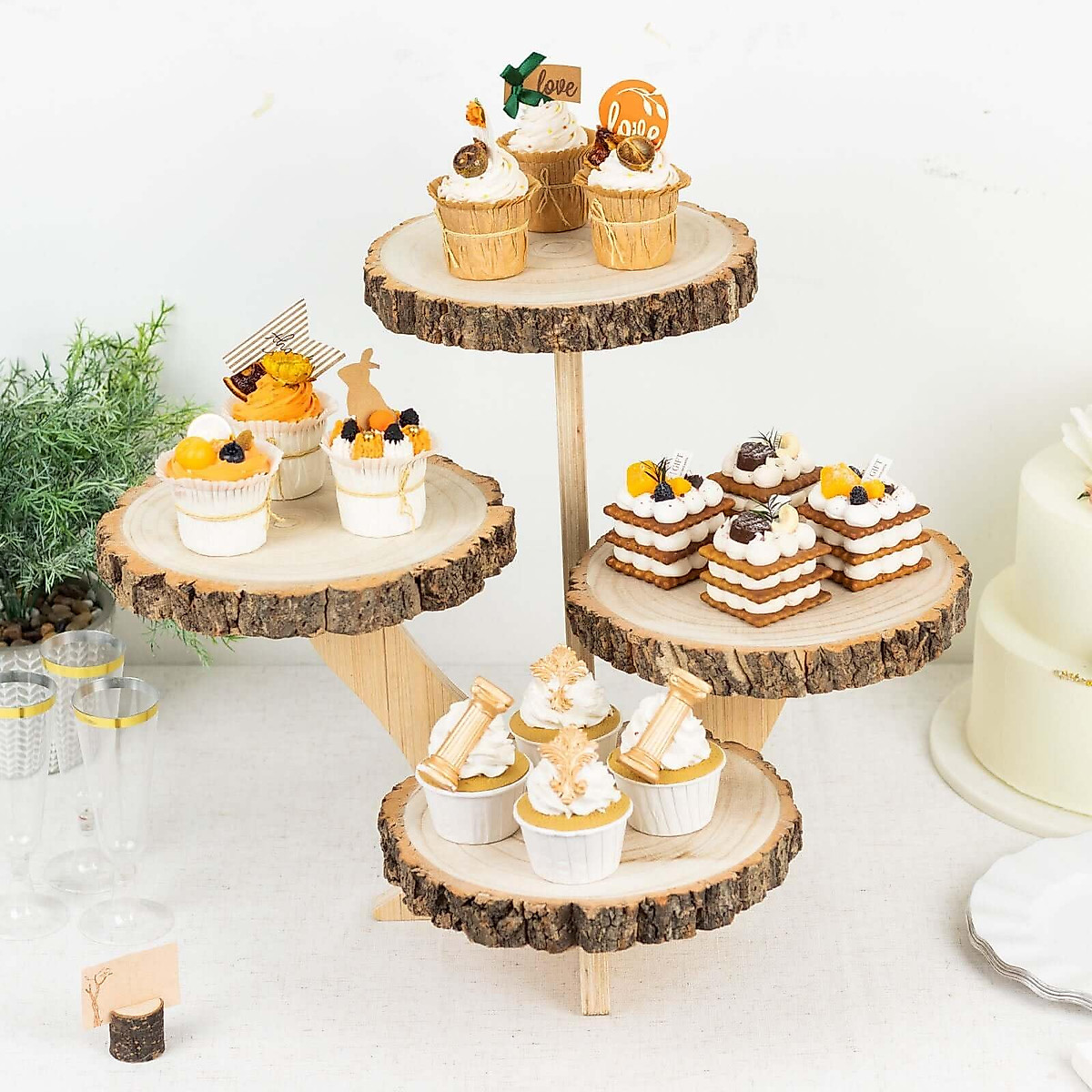 Efavormart 15" Tall 4-Tier Natural Farmhouse Style Wood Slice Cupcake Stand Holder, Rustic Dessert Display Cake Stand