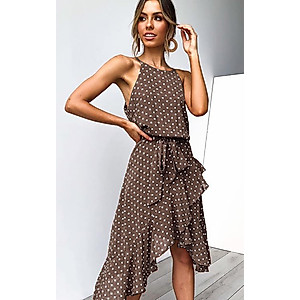 ECOWISH Polka Dot Womens Summer Dress Flowy Cute High Low Sleeveless Boho Criss Cross Halterneck Cocktail Midi Sundress 2025 Coffee Small