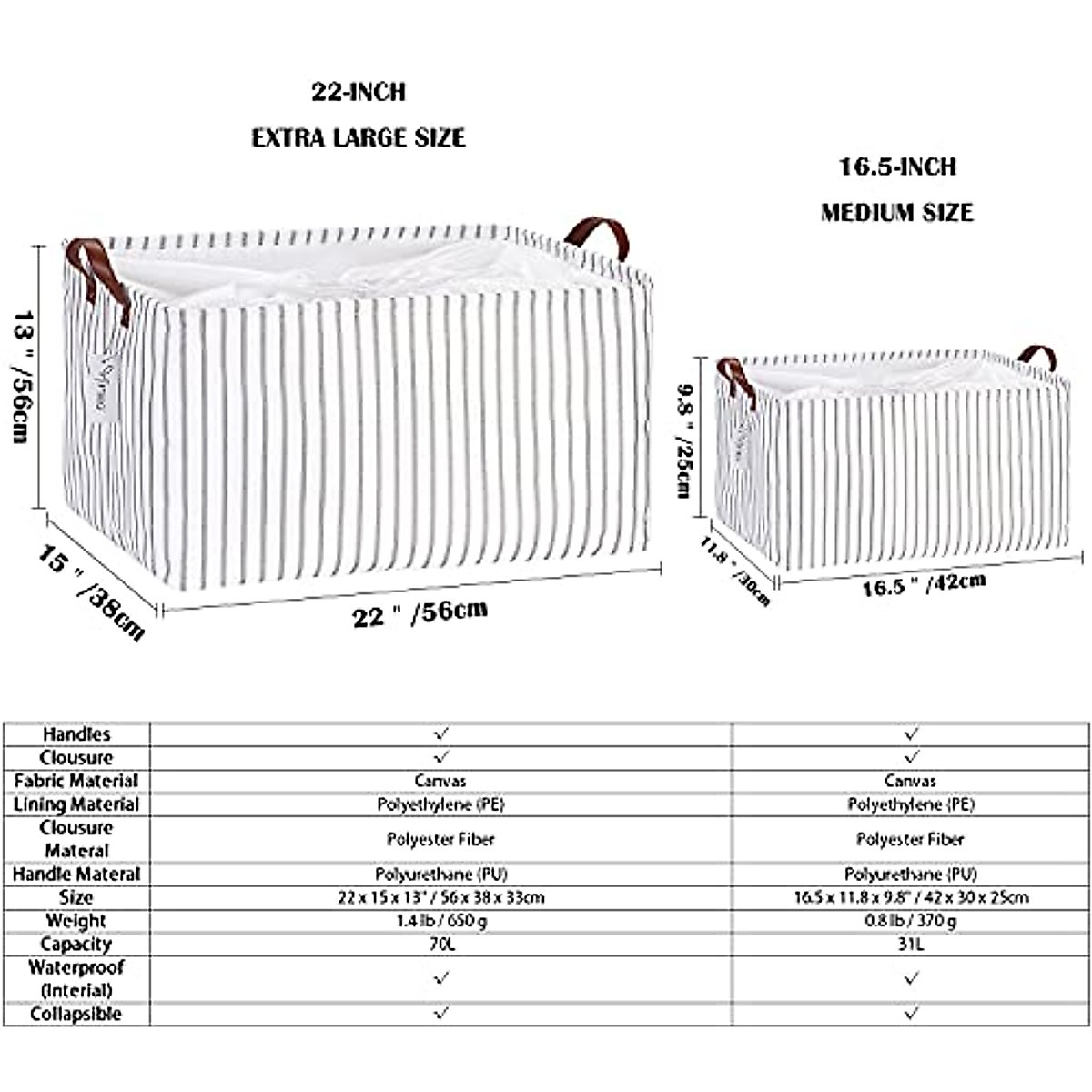 Hinwo 70L Extra Large Capacity Storage Basket Canvas Storage Bin Collapsible Storage Box with PU Leather Handles and Drawstring Closure, 22 by 15 inches, Waterproof Inner Layer, Grey Vertical Stripe