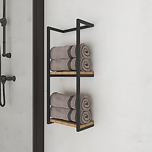 2-Tier Bathroom Shelf, Wall Mounted Storage for Towels and Blankets, Wood and Metal Frame, Anti-Rust Rustic Towel Rack with Shelf for Toiletries, Bathroom, Bedroom, and Potted Plants (Large)