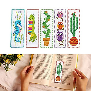 10Pcs Cross-Stitch Stamped Kits,Cross Stitch Bookmark Kits Pre-Sorted Floss for Kids Adults Beginner, DIY Pre-Printed Crossstitch for Book Lovers (5 Styles)