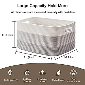 OIAHOMY Cotton Rope Basket 71L - Blanket Basket Living Room,Kids Woven Basket with Handle, Nursery Storage Basket,Baby and doy Toy Baskets Bin, Gradient Grey