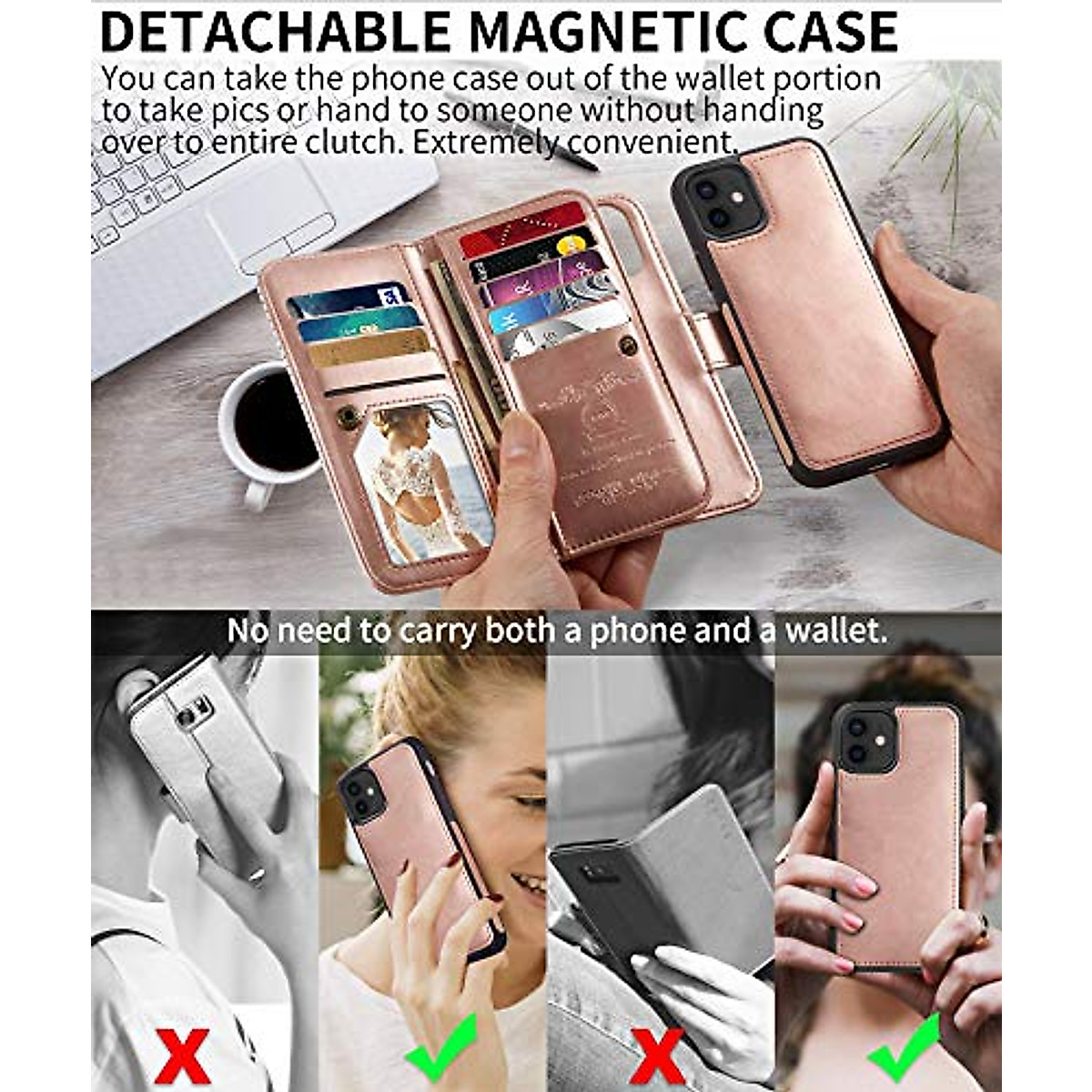 CASEOWL Wallet Case Compatible for iPhone 12/12 Pro, Magnetic Detachable 2 in 1 Folio Leather Wallet Case with 9 Card Slots,Hand Strap,Compatible for iPhone 12/12 Pro 6.1 inch 2020 (White&Rose Gold)