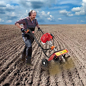 Gas Tiller,52CC 2 Stroke Garden Cultivator Gas Powered,Gasoline Garden Farm Tilling Rototiller for Lawn, and Field Soil Cultivation