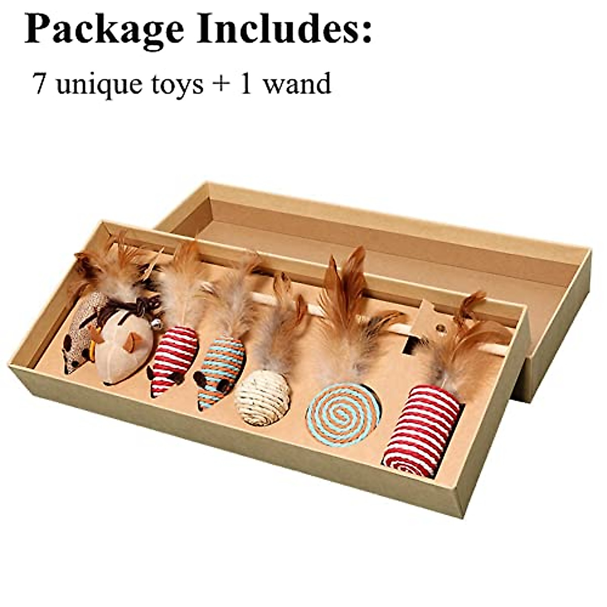 7 Pack Ferret Toys - Interactive Ferret Toys Assortments Feather Teaser Wand with Sisal Mice Balls and Bells Toys for Ferret Cat Kitten Puppy (7 Pack)