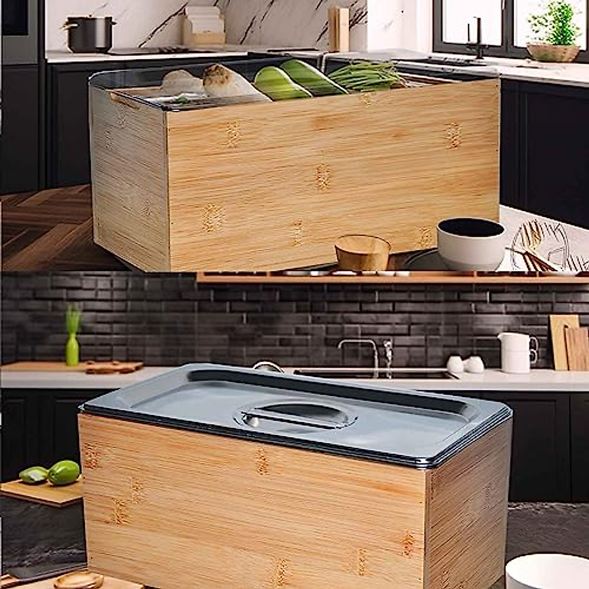 TOZSEN Kitchen Compost Bin Countertop - 1.6 Gal. Rust Proof Stainless Steel Insert, Countertop Compost Bin with Lid and Bamboo Wood Box- Large Compost Bin Kitchen