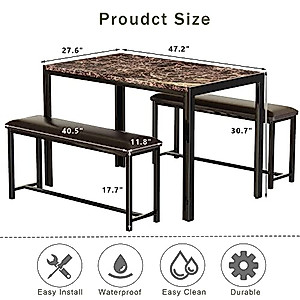 AWQM Dining Table Set 4, Metal Frame and Faux Marble Table Top, Modern 3 Piece Kitchen Table Set with 2 PU Leather Upholstered Bench for Apartment, Space-Saving Furniture, Brown