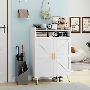 Shoe Storage Cabinet with Doors, 7-Tier Shoe Cabinet for Entryway with Sensor LED Light, Freestanding Shoes Storage Organizer with Adjustable Shelves and Open Storage for Hallway, Living Room, White