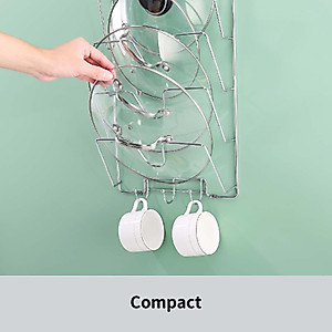 Qflushor Pot Lid Organizer Wall Mount, Kitchen Pot Lid Rack with Hook, Pot Lid Organizer for Cabinet, Pot Lid Holder with Adhesive Hooks, Chrome