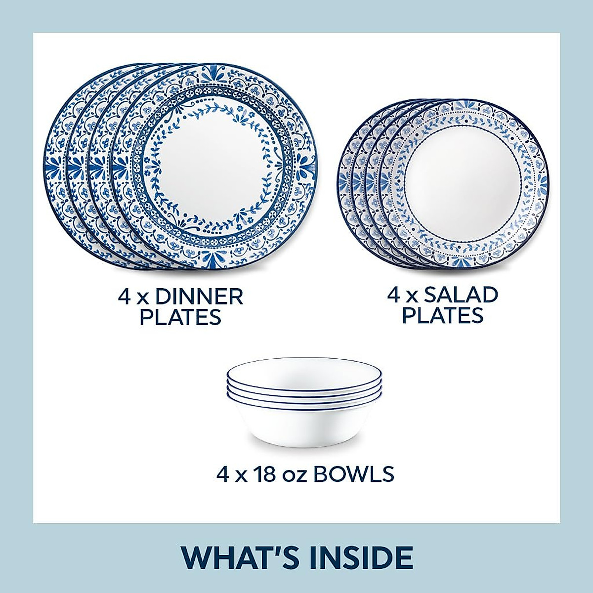 Corelle Vitrelle Glass Dinnerware Set, Chip & Crack Resistant Triple Layer Glass, 12-PC Dinnerware Set, Portofino