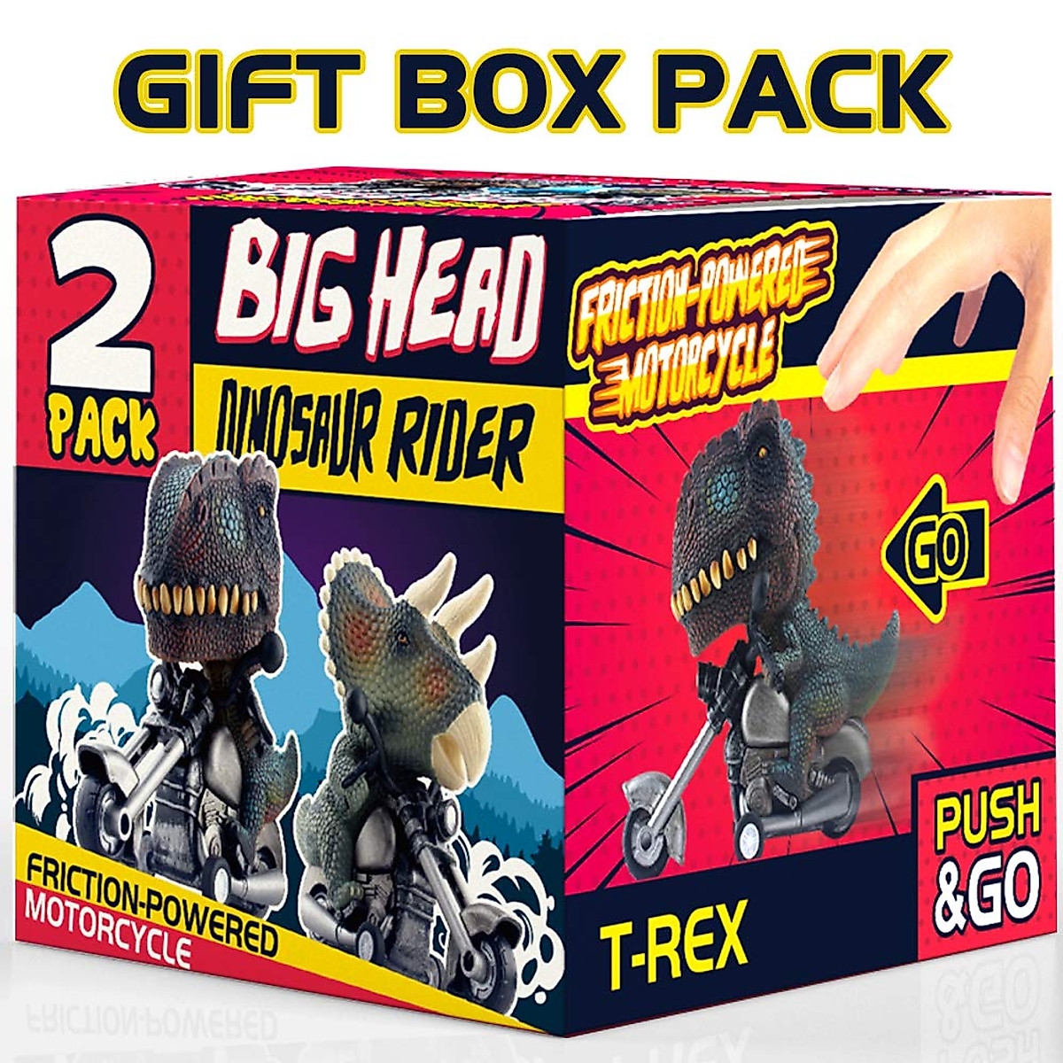 DINOBROS Dinosaur Toy Cars 2 Pack Friction Powered Motorcycle Game T-Rex and Triceratops Monster Dino Toys for Boys Age 3,4,5,6,7