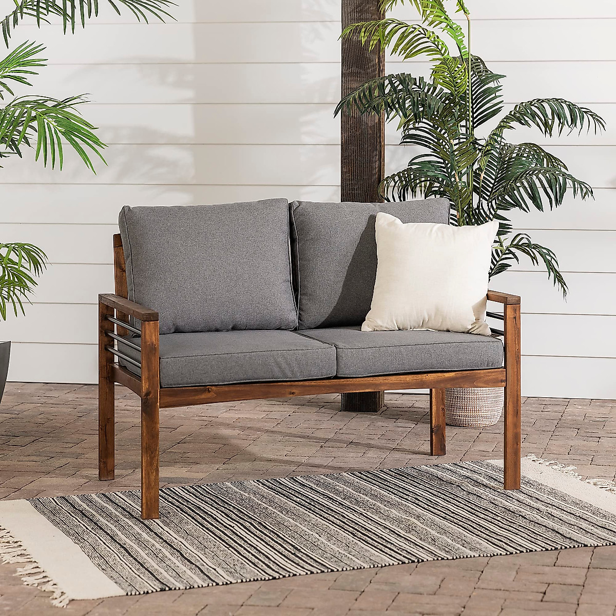 Walker Edison 2 Person Outdoor Patio Modern Wood and Metal Loveseat with Washable Cushions All Weather Backyard Conversation Garden Poolside Balcony, 48 Inch, Dark Brown and Grey