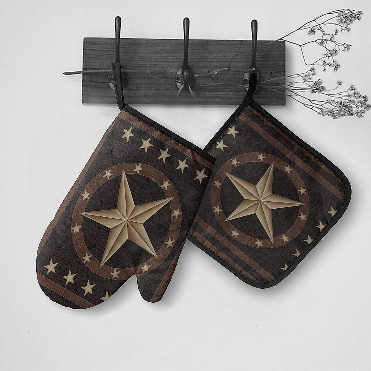 Western Texas Star Heat Resistant Oven Mitts and Pot Holders Set for Kitchen-Soft Cotton Lining with Non-Slip Surface for Safe BBQ Cooking Baking Grilling,Machine Washable
