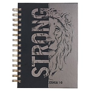 Christian Art Gifts Journal w/Scripture Strong Lion Joshua 1:9, Black and Gray 192 Ruled Pages, Large Hardcover Notebook, Wire Bound