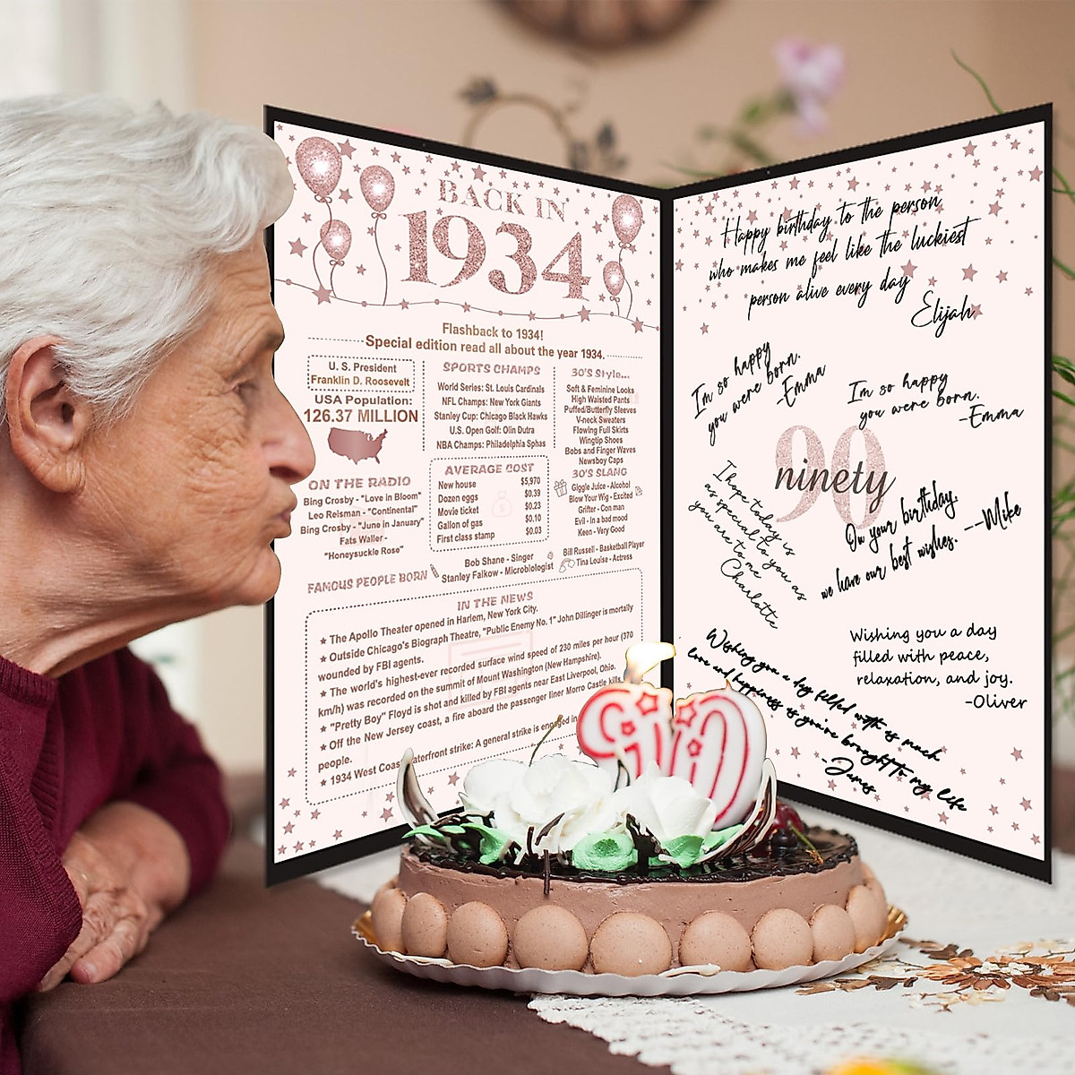 Crenics 90th Birthday Gift for Women, Creative Back in 1934 Birthday Poster, Giant 90th Birthday Guest Signature Book, Black and Pink 90 Birthday Decorations Party Supplies