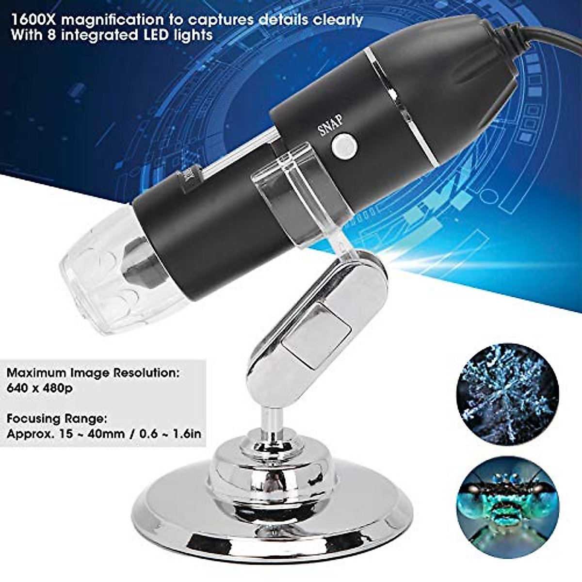 CiCiglow Digital USB Microscope 1600X 8LED Portable Digital Electronic Microscope with Stand Compatible for Windows 7, for Windows 10/10.13