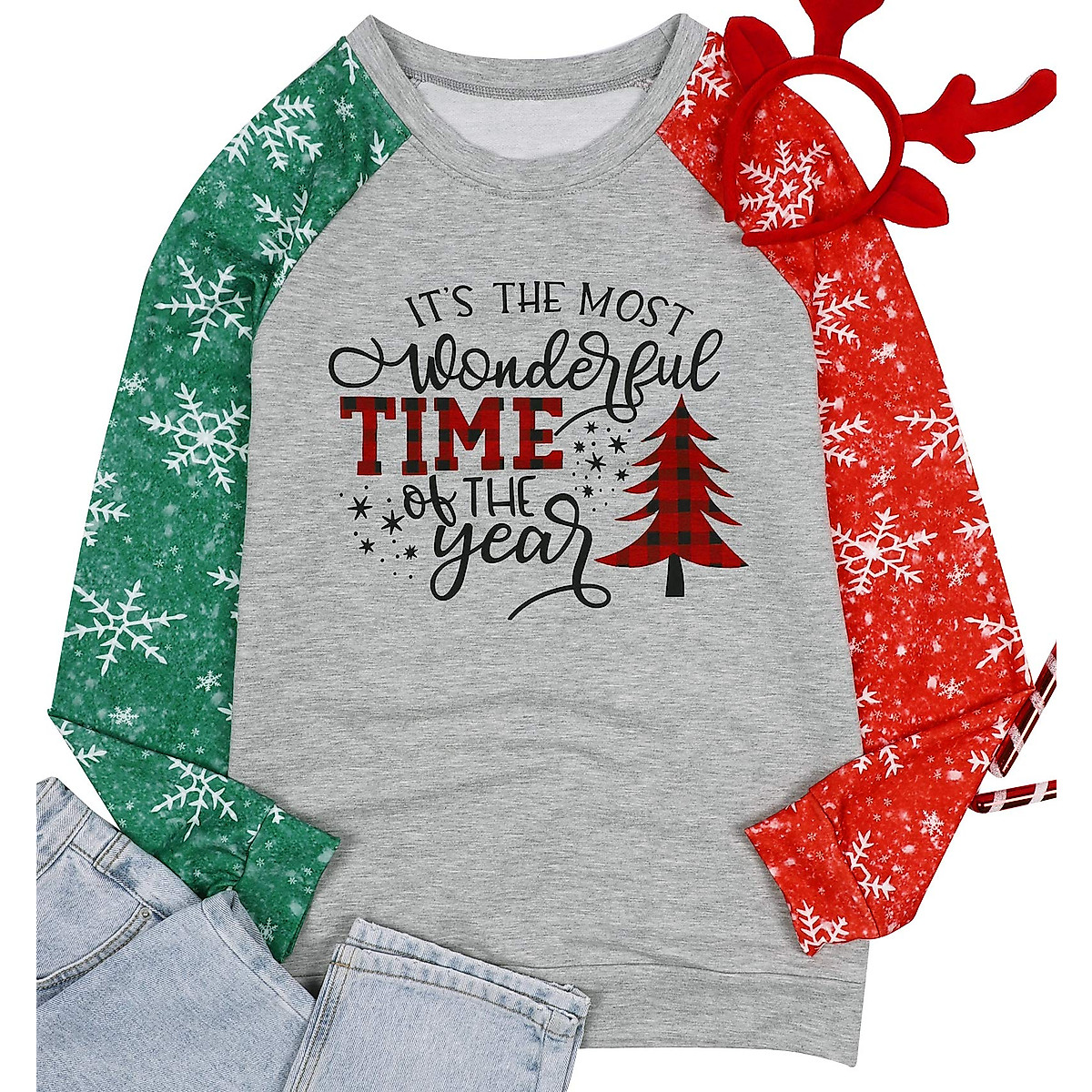 TAOHONG Merry Christmas Sweartshirt for Women Xmas Buffalo Plaid Tree Color Block Christmas Snowflake Print Long Sleeve Top T-Shirt Gray