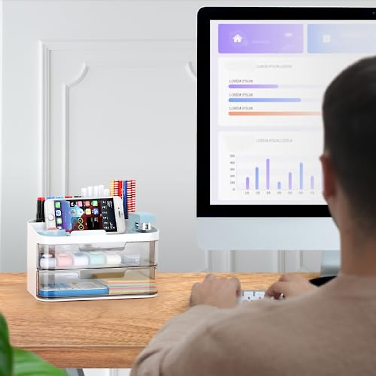 LETURE Desk Organizer with 2 Drawer, Plastic Desktop Storage Organizer Pencil Card Holder Box Container for Desk, Office School Home Supplies, Vanity Table (White)