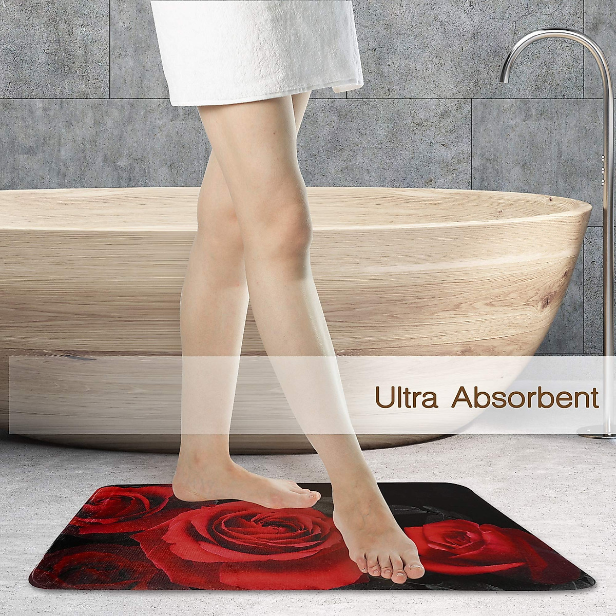 LIVILAN Black Bath Mat, Flower Bathroom Rugs, Red Bath Rugs, 24''X16'', Super Soft and Absorbent Shaggy Plush Red Rose Bath Rugs, Memory Foam Non-Slip.
