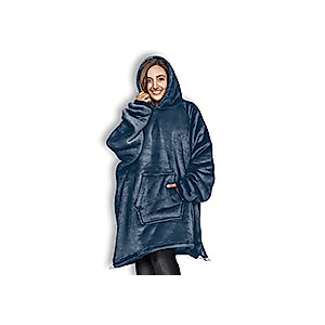 Premium Wearable Hooded Sweater Blanket for Adult Women and Men 37"x32" - Super Soft, Lightweight, Microplush, Cozy and Functional Throw Blanket (Navy Blue)
