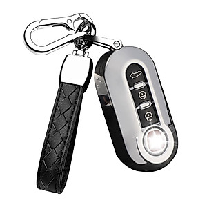 HIBEYO Key Fob Cover for Fiat 500 Linea 3 Button Filping Smart Remote Auto Key Shell with Leather Keychains for Fiat 500 Accessories Soft TPU Key Case-Silver