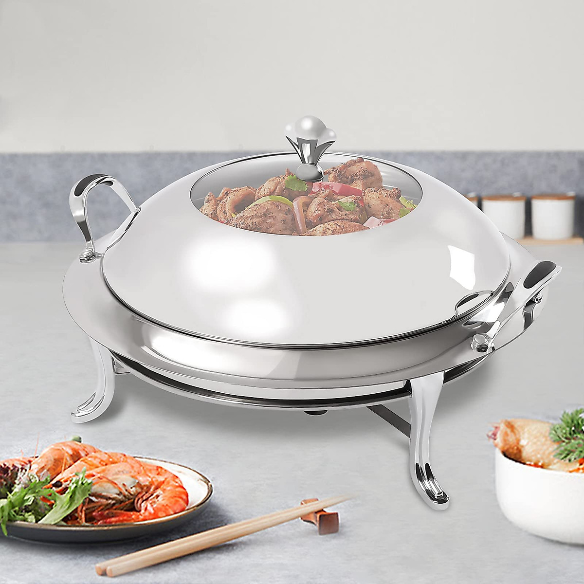 Chafing Dish Stainless Steel Round Durable Buffet Warmer,3L//3.17Q Chafing Dish with Lid and Chafing Fuel Holder for Kitchen Party Dining (Style2)