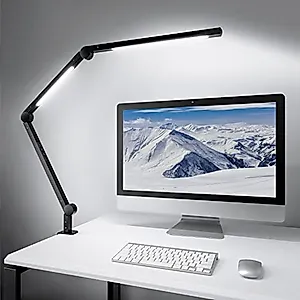 LED Desk Lamp with Clamp, Dual Light Desk Lamp for Home Office, Swing Arm Desk Light, Dimmable 4 Color Modes & 4 Brightness, Eye-Caring Clip-on Lamp with Memory Function for Work Study Reading, 12W